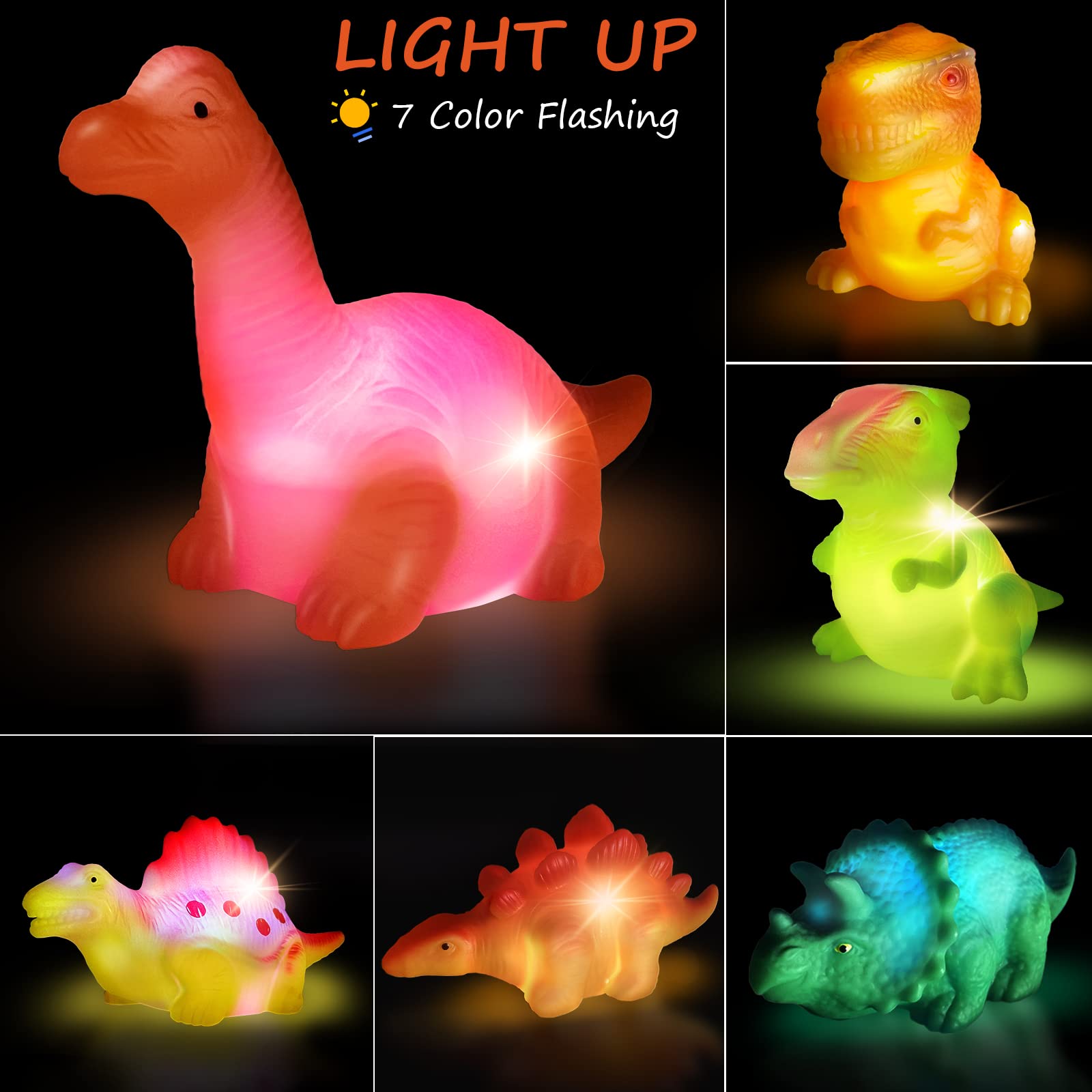 Light Up Bath Toys,6 Packs Floating Dinosaur Bathtub Toys for Toddlers,No Hole Baby Bath Toys for Kids,Great Birthday Christmas Easter for Boy and Girl Preschool