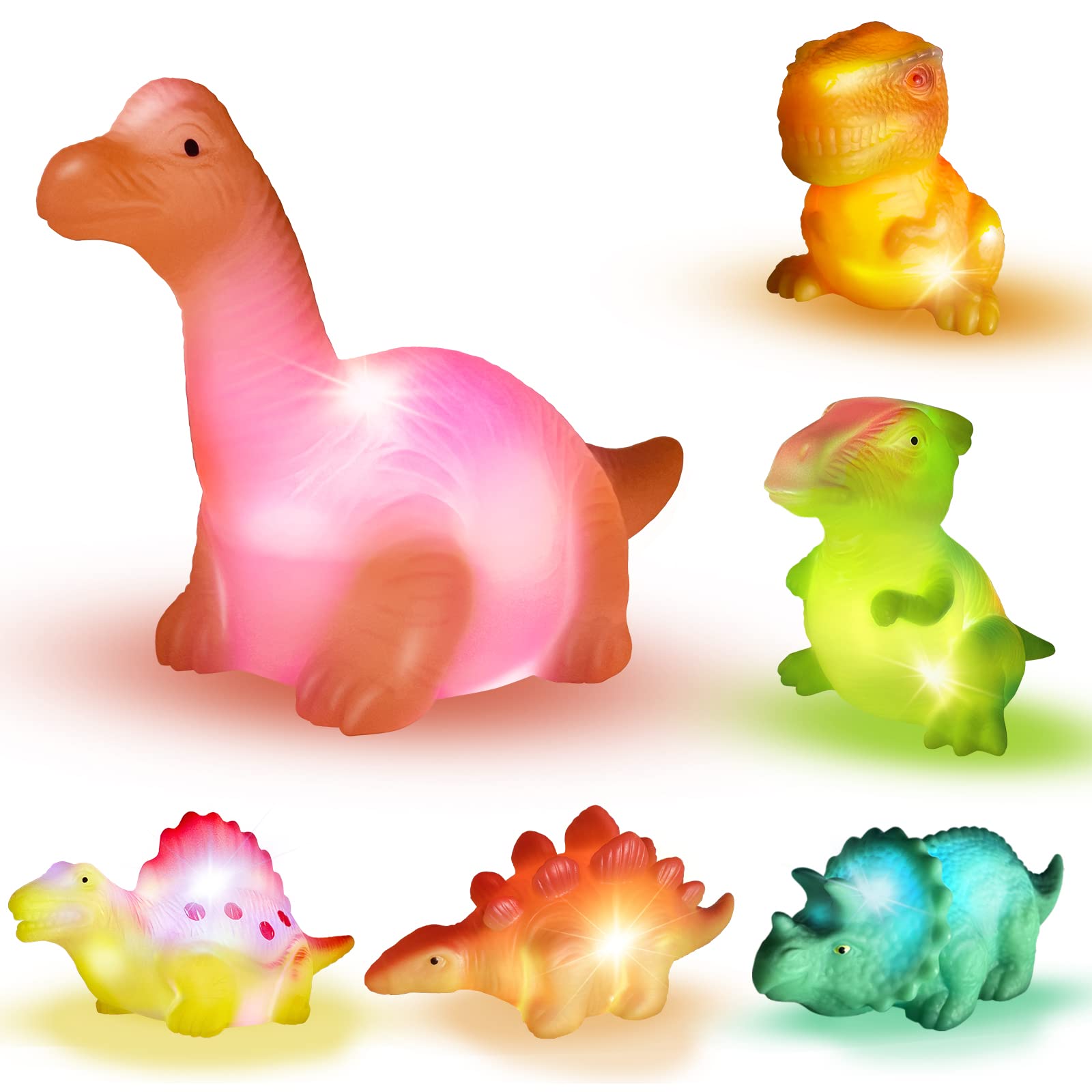 Light Up Bath Toys,6 Packs Floating Dinosaur Bathtub Toys for Toddlers,No Hole Baby Bath Toys for Kids,Great Birthday Christmas Easter for Boy and Girl Preschool