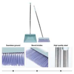 Broom and Dustpan Set Long Handle Stand Up Dustpan and Broom Set Household Brooms for Home Kitchen Room Cleaning Tool (Blue)