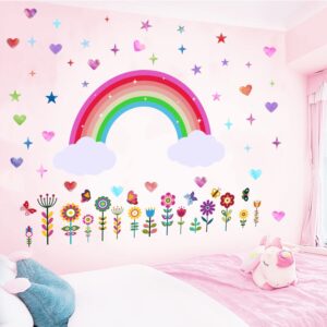 joyduo 3 sheets rainbow wall decals large watercolor rainbow wall stickers rainbow star heart flower wall stickers for girls bedroom nursery wall decor, 90 x 30 cm