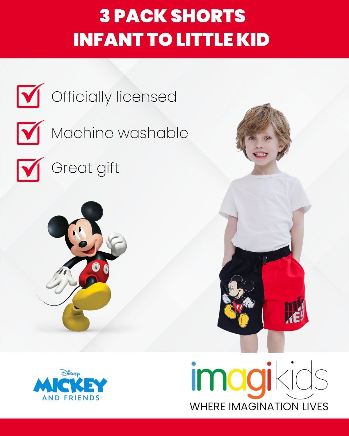 Disney Mickey Mouse Infant Baby Boys French Terry 3 Pack Shorts Grey/Black 18 Months