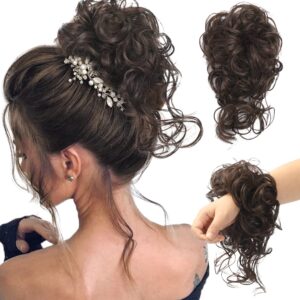 messy bun hair piece, updo super long tousled extensions bun curly wavy ponytail hairpieces hair scrunchies with elastic rubber band for women girl