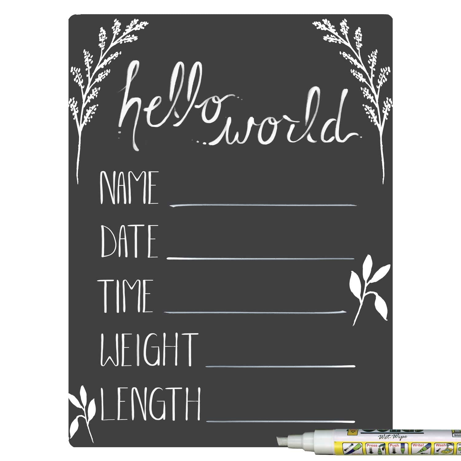 Cohas Hello World Newborn Baby Announcement Sign with Chalkboard Style Surface, 9 by 12 Inches, White Marker