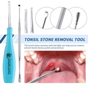 9 Pieces Upgraded Tonsil Stone Removal Set Include Stainless Steel Tonsil Stone Remover Tool Led Light Tongue Cleaner Scraper Tweezer，Cured Syringe for Oral Care (Blue)