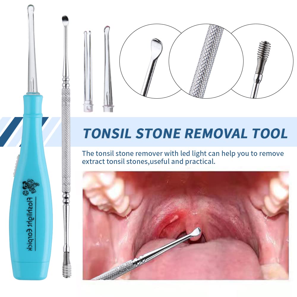 9 Pieces Upgraded Tonsil Stone Removal Set Include Stainless Steel Tonsil Stone Remover Tool Led Light Tongue Cleaner Scraper Tweezer，Cured Syringe for Oral Care (Blue)