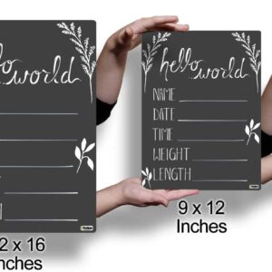 Cohas Hello World Newborn Baby Announcement Sign with Chalkboard Style Surface, 9 by 12 Inches, White Marker