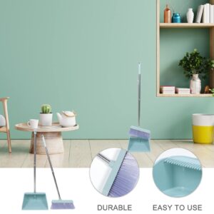 Broom and Dustpan Set Long Handle Stand Up Dustpan and Broom Set Household Brooms for Home Kitchen Room Cleaning Tool (Blue)