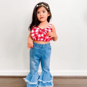 Eadrioss 2PCS Kids Toddler Baby Girls Valentine’s Day Outfits Sleeveless Strap Vest Crop Top Flare Jeans Bell Bottom Pants 18M-6T