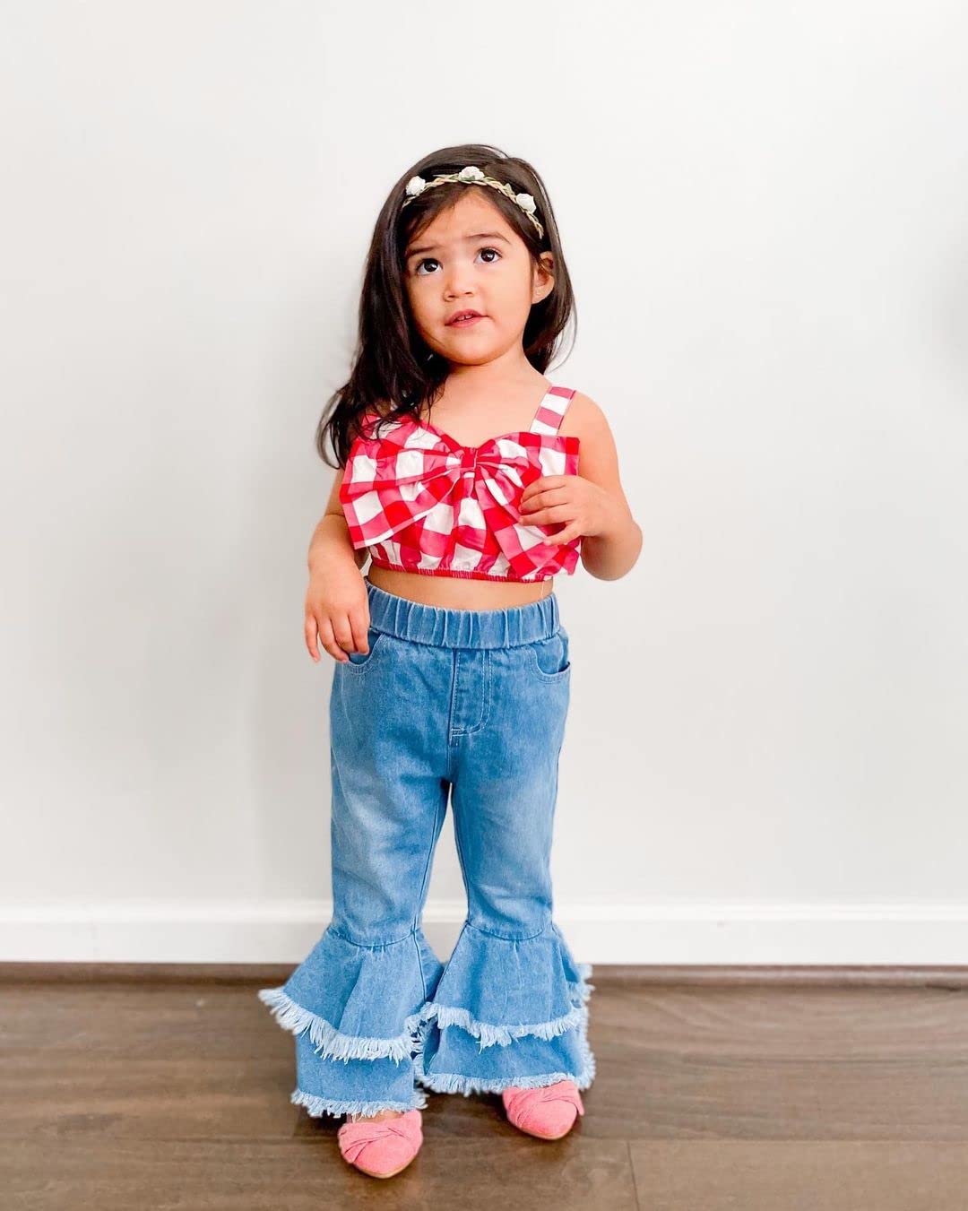 Eadrioss 2PCS Kids Toddler Baby Girls Valentine’s Day Outfits Sleeveless Strap Vest Crop Top Flare Jeans Bell Bottom Pants 18M-6T