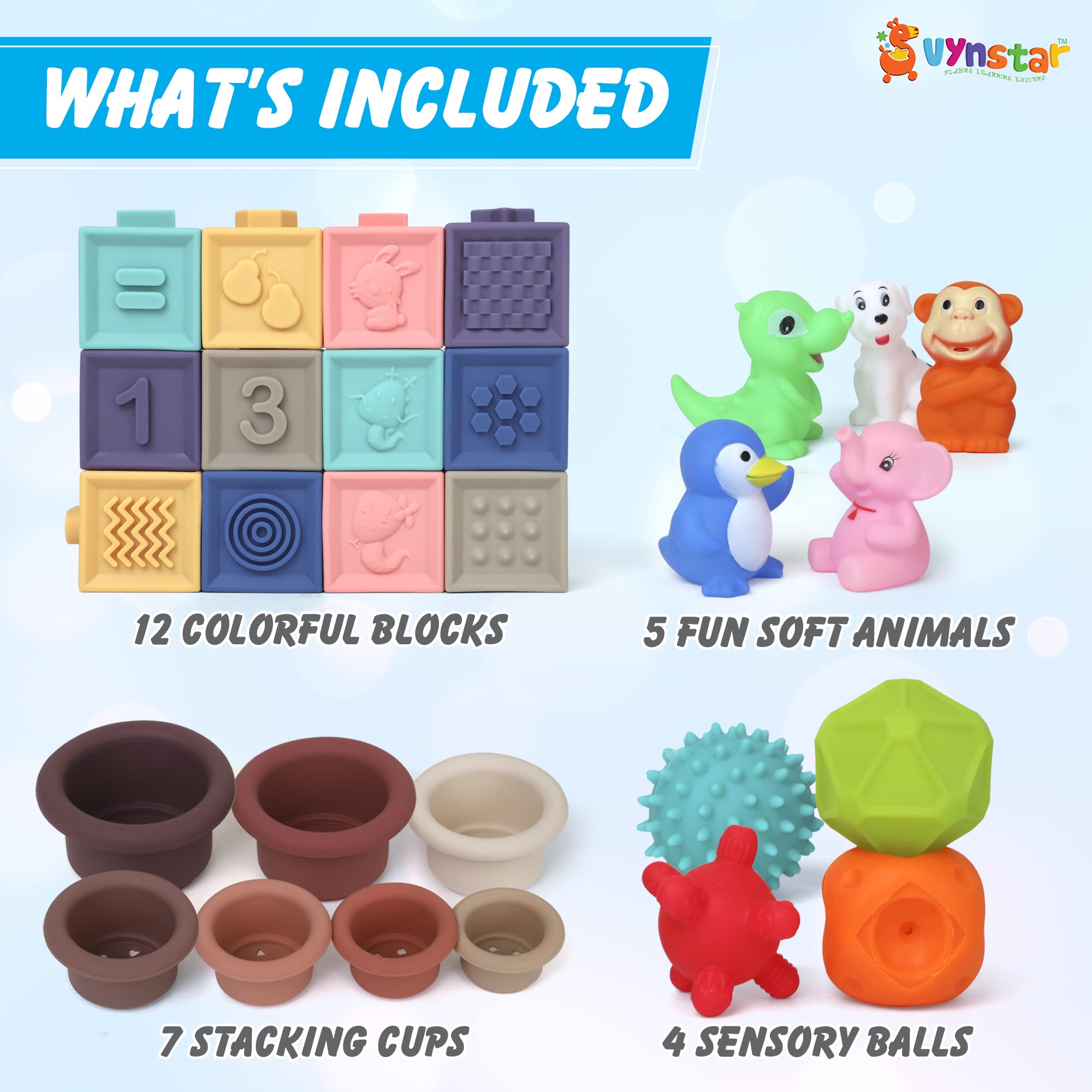 Vynstar Montessori Toys for Babies 6-12 Months & Up - 28-Piece Set of Silicone Baby Sensory Toys for Learning & Development - 4-in-1 Bundle of Baby Blocks, Stacking Cups, Sensory Balls, Soft Animals