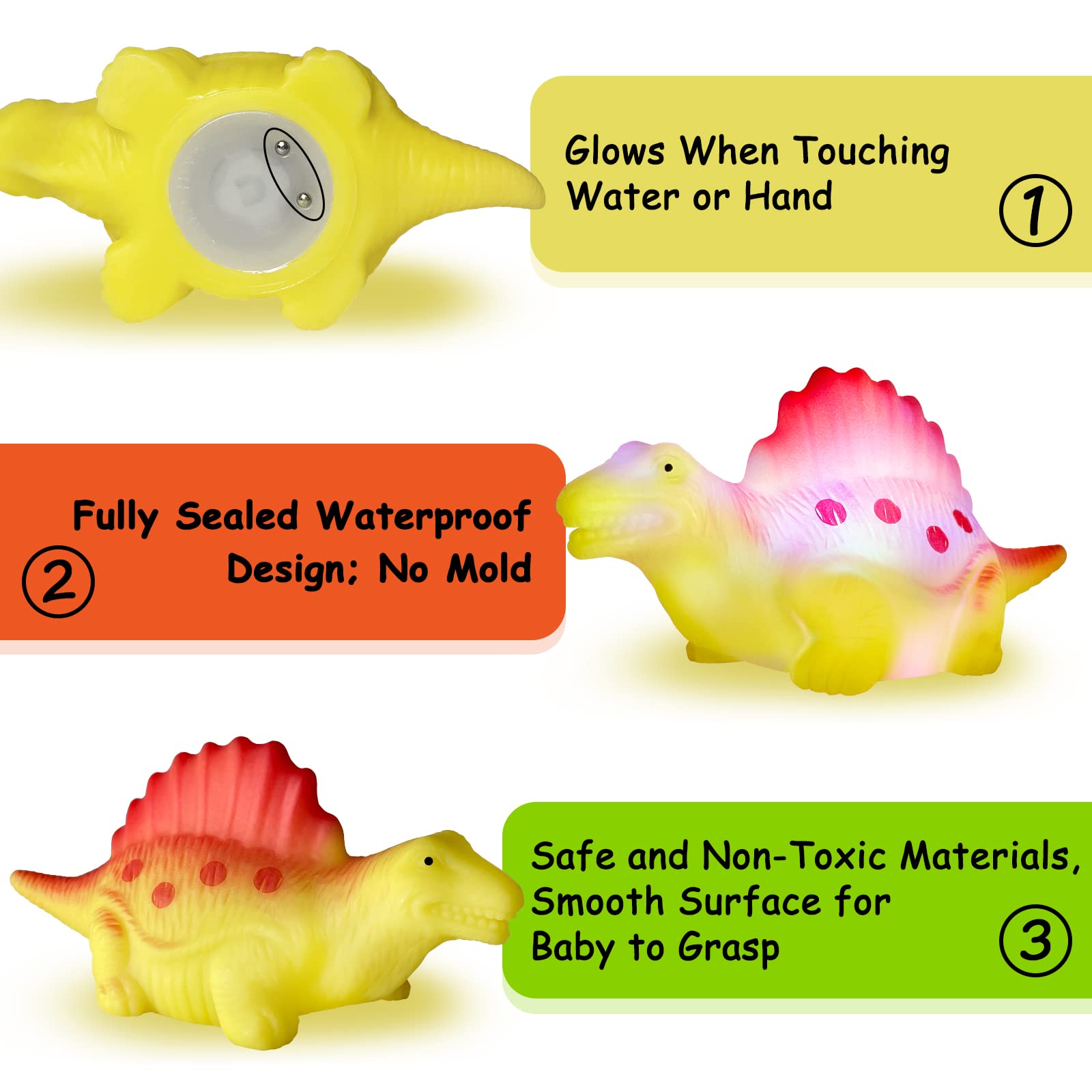 Light Up Bath Toys,6 Packs Floating Dinosaur Bathtub Toys for Toddlers,No Hole Baby Bath Toys for Kids,Great Birthday Christmas Easter for Boy and Girl Preschool