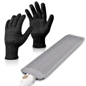 ikoco heat gloves for hair styling, heat resistant silicone mat pouch and 2pcs heat proof gloves mitts for flat iron, curling iron, straightener（black&grey）