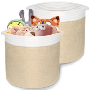 dsvenroly 2pcs cotton rope storage basket, 13.4" x 11.8" linen woven baby laundry basket blanket baskets with handles, toy nursery storage baskets bin for blankets towels pillows (khaki)