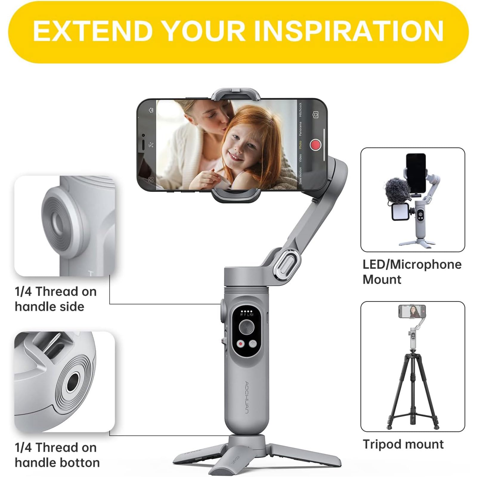 Gimbal Stabilizer for Smartphone w/LED Light Face Tracking Inception Timelapse Handheld Foldable 3-Axis Gimble for iPhone 15 14 13 12 11 Pro Max Android Galaxy S23 YouTube TikTok Vlog AOCHUAN Smart X