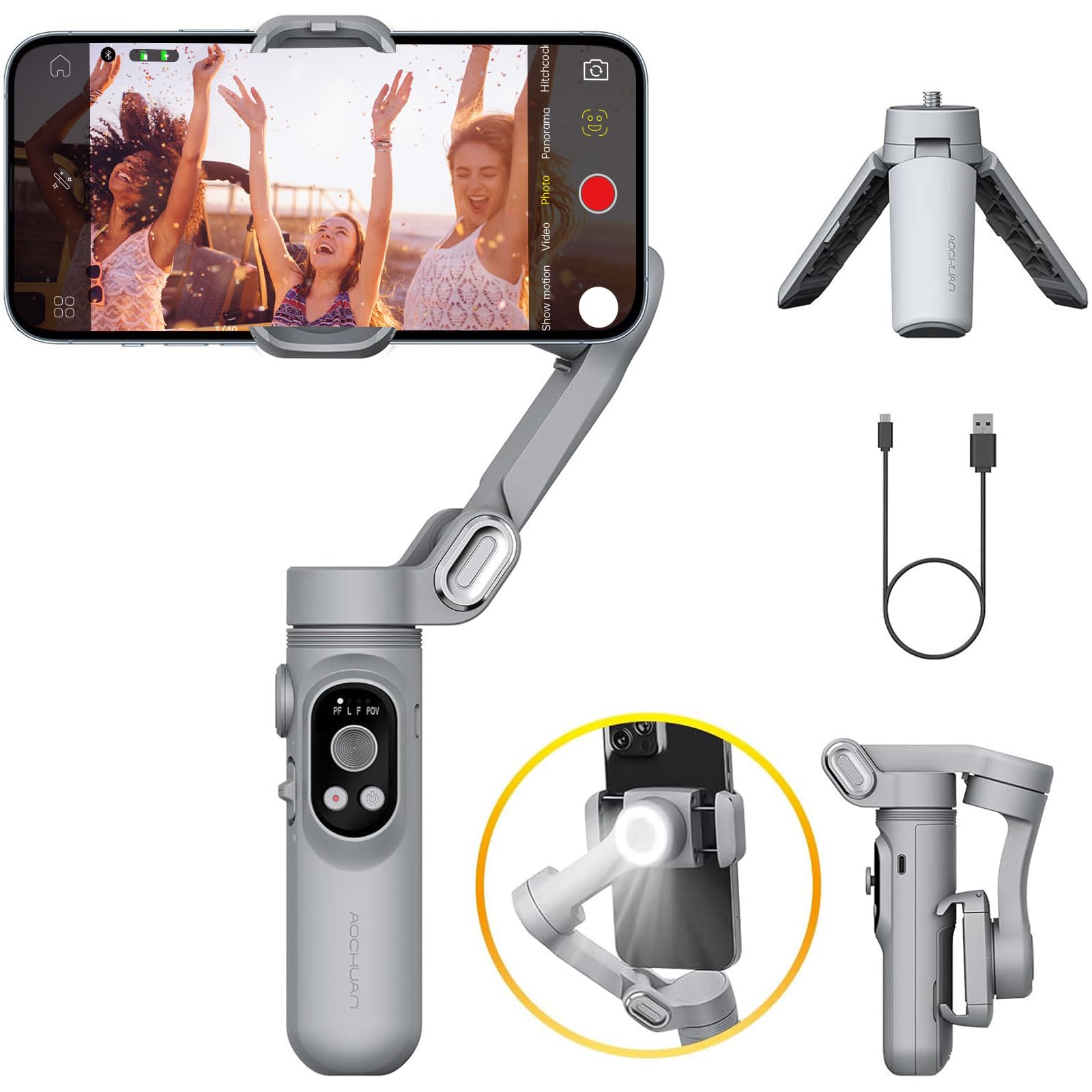 Gimbal Stabilizer for Smartphone w/LED Light Face Tracking Inception Timelapse Handheld Foldable 3-Axis Gimble for iPhone 15 14 13 12 11 Pro Max Android Galaxy S23 YouTube TikTok Vlog AOCHUAN Smart X