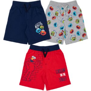 sesame street elmo grover oscar the grouch baby boys french terry 3 pack shorts blue/grey/red 18 months