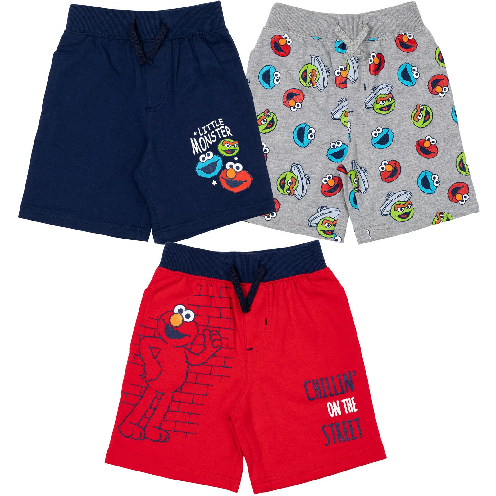 Sesame Street Elmo Grover Oscar The Grouch Baby Boys French Terry 3 Pack Shorts Blue/Grey/Red 18 Months