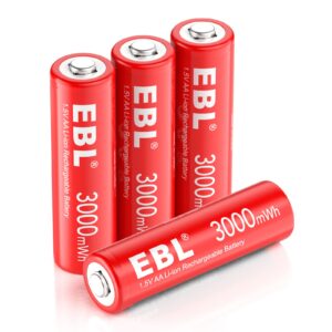 ebl rechargeable aa batteries, 4 pack aa lithium batteries 1.5v 3000mwh high capacity double a battery