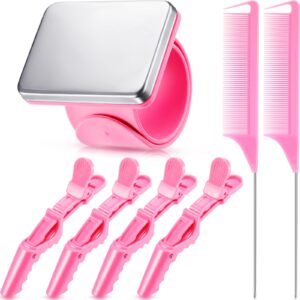 7 pieces hair braiding tools magnetic pin wristband and 2 pieces stainless steel pintail rat tail comb with 4 pieces wide teeth alligator sectioning hair clip for hair braid tool braid maker (pink)