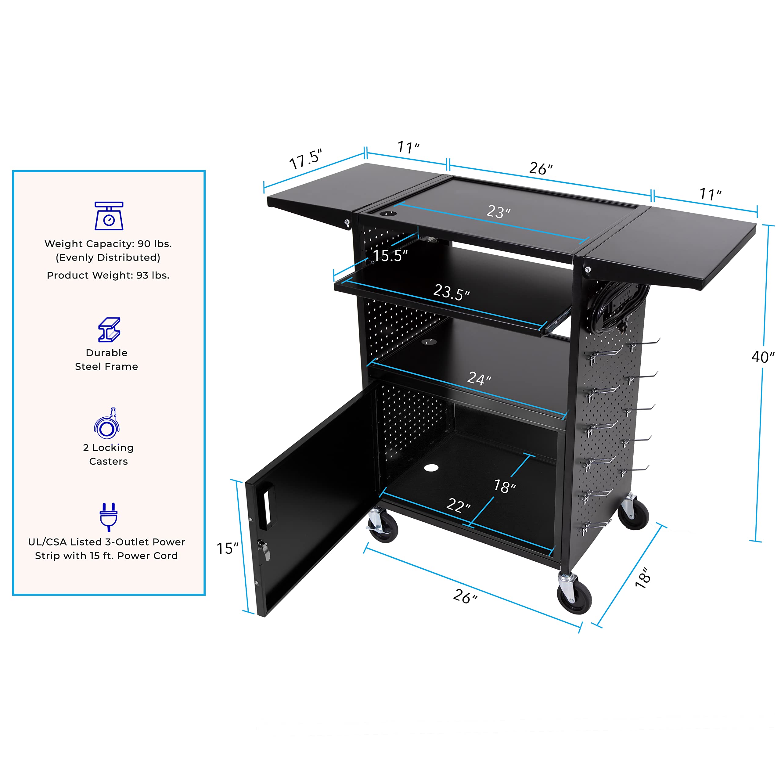 Line Leader Stellar AV Cart - Computer Cart with Customizable Pegboard & Hooks, Locking Cabinet and Tray, UL Certified Power, Mobile Workstation with Locking Wheels, Ideal for Laptop & Charger Storage