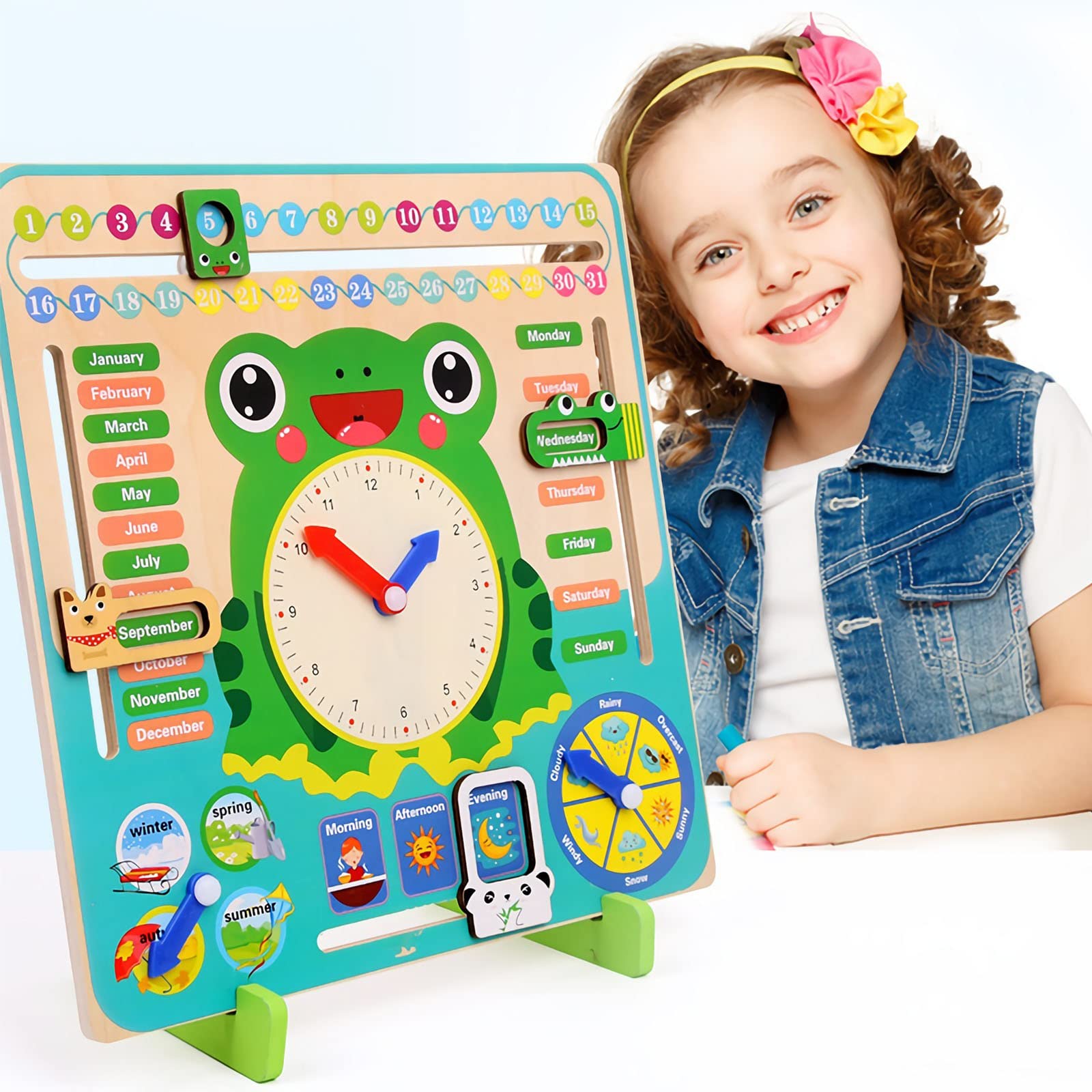 Ghims Montessori Educational Learning Toys, Kids Calendar, Toddler Calendar Learning for Home, Multifunctional Wooden Frog Teaching Clock, Weather, Season, Time, Week Toys for Kids 3+