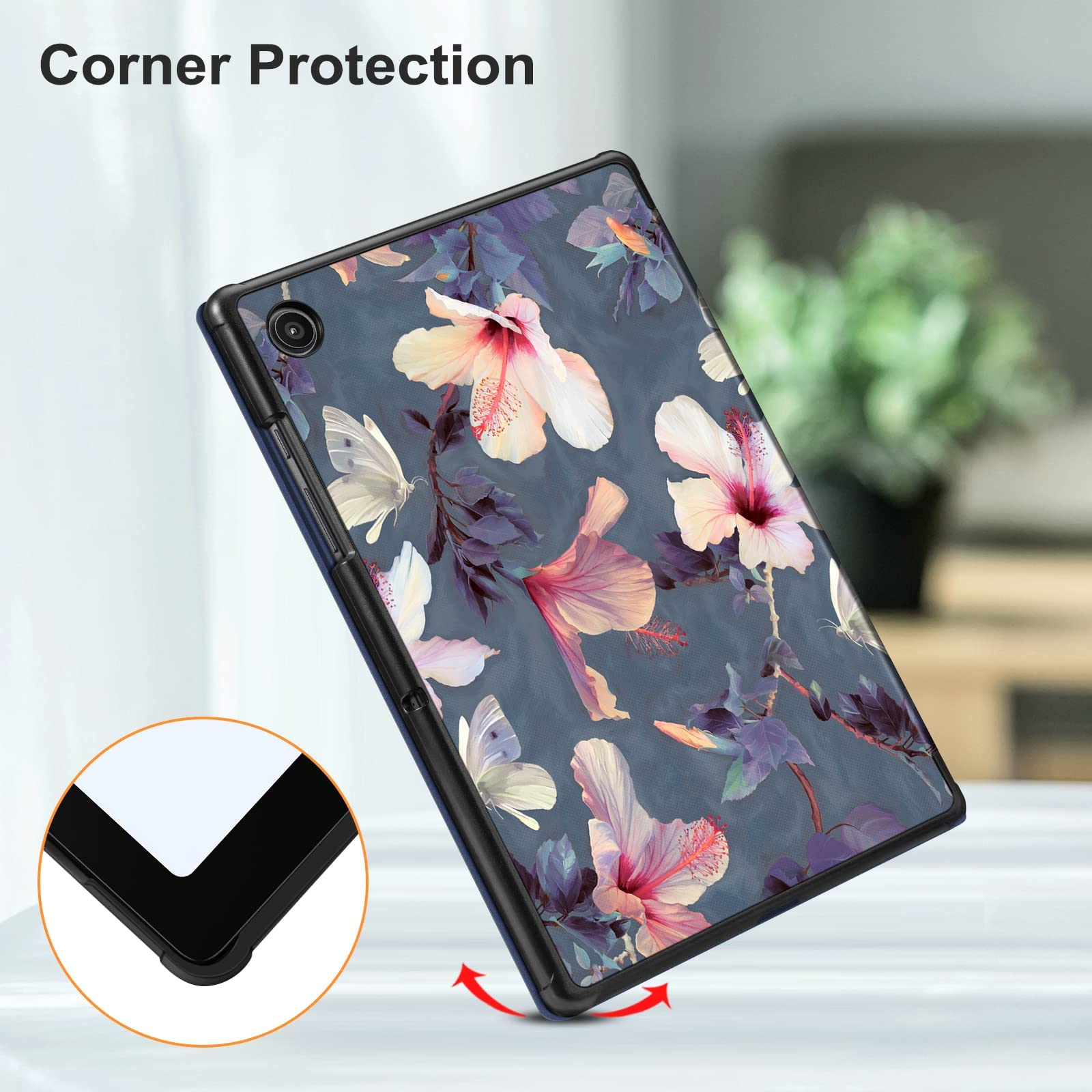 Fintie Slim Case for Samsung Galaxy Tab A8 10.5 Inch 2022 Model (SM-X200/X205/X207), Ultra Thin Lightweight Hard Back Shell Tri-Fold Stand Cover with Auto Wake/Sleep, Blooming Hibiscus