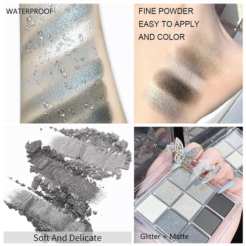 Miniling 9 Colors Smokey Grey Eyeshadow Palette，Highly Pigmented Mattes Shimmers Naked Powder Eyeshadow Palette，Long Lasting Waterproof Eye Shadow Makeup Palette with Eyeshadow Brush (Smoky Set)