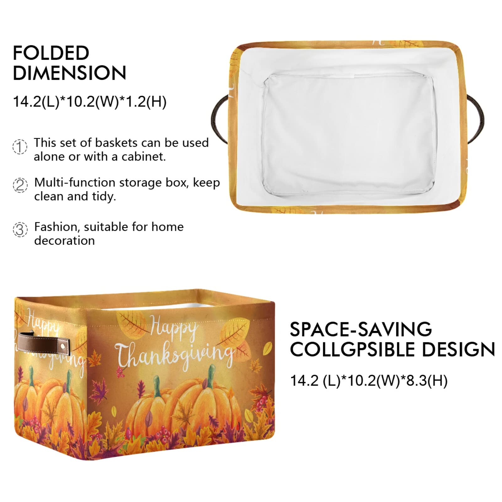 FZDXZJJ Thanksgiving Pumpkin Fall Maple Storage Basket Bins, Autumn Leaves Decorative Baskets Storage Box Collapsible Storage Cubes Organizer with Handles for Nursery Shelf Closet Office Home Bedroom, 2 Pack