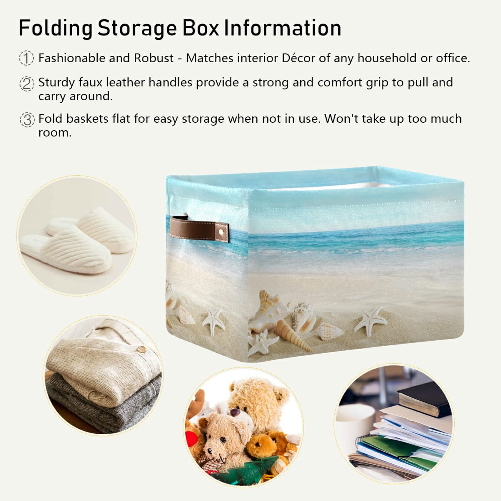 FZDXZJJ Beach Starfish Storage Basket Bins, Ocean Seashell Decorative Baskets Storage Box Collapsible Storage Cubes Organizer with Handles for Nursery Shelf Closet Office Home Bedroom, 2 Pack