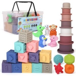 vynstar montessori toys for babies 6-12 months & up - 28-piece set of silicone baby sensory toys for learning & development - 4-in-1 bundle of baby blocks, stacking cups, sensory balls, soft animals