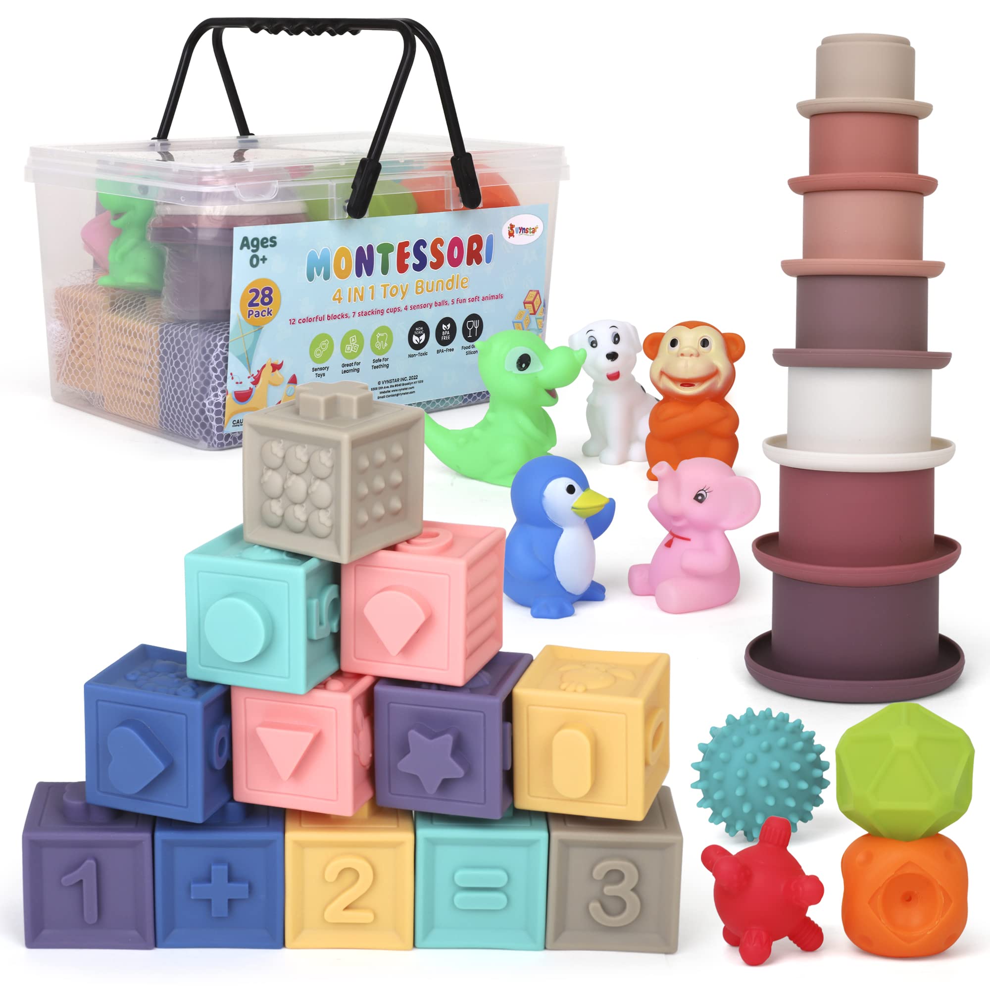 Vynstar Montessori Toys for Babies 6-12 Months & Up - 28-Piece Set of Silicone Baby Sensory Toys for Learning & Development - 4-in-1 Bundle of Baby Blocks, Stacking Cups, Sensory Balls, Soft Animals