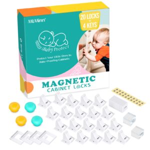 mtminn child safety magnetic cabinet locks (20 pack + 4 keys) - baby proofing cupboard locks with key for toddler-easy installation, invisible