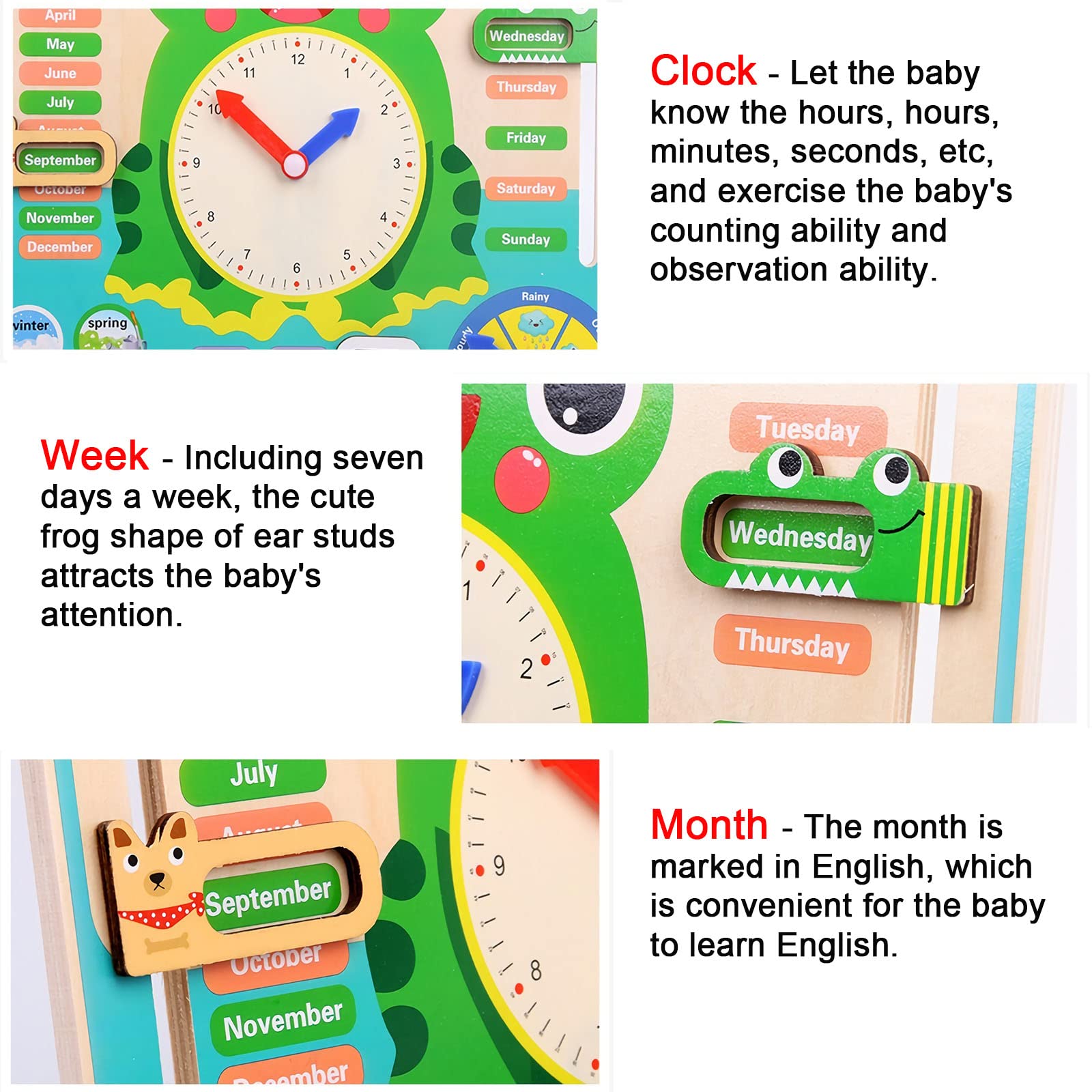 Ghims Montessori Educational Learning Toys, Kids Calendar, Toddler Calendar Learning for Home, Multifunctional Wooden Frog Teaching Clock, Weather, Season, Time, Week Toys for Kids 3+