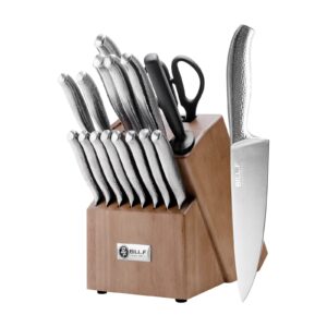 bill.f kitchen knife set,18 pieces stainless steel sharp kitchen knife block sets with sharpener includes serrated steak knives set,chef knives,bread knife, scissor,wooden block,all in one knife set