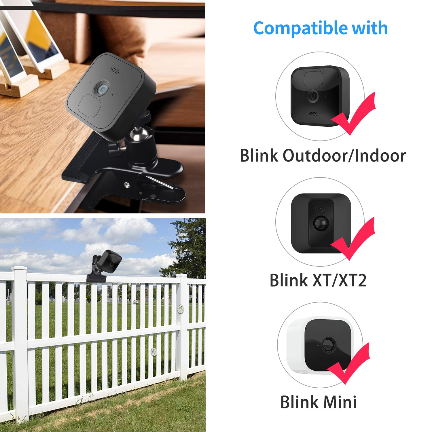 2Pack Metal Clamp Clip Mount for Blink Outdoor 4 (4th Gen) / (3rd Gen) and All-New Blink Outdoor/Indoor Camera/Blink XT / XT2, Blink Mini,Not Need to Drill, No Holes