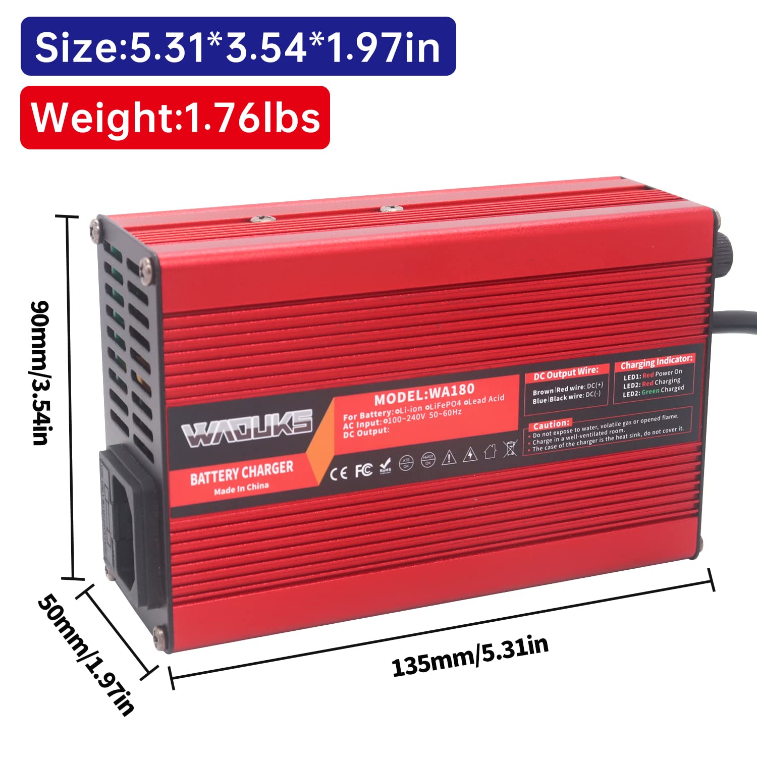 WAOUKS 54.6V 3A Li-ion Battery Charger Red Aluminum Case with Cooling Fan for 13S 48V 10Ah 15Ah 20Ah 30Ah 40Ah Lithium Li-ion Battery Pack with 5 Plugs Plug Connector