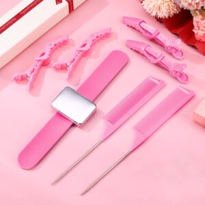 7 Pieces Hair Braiding Tools Magnetic Pin Wristband and 2 Pieces Stainless Steel Pintail Rat Tail Comb with 4 Pieces Wide Teeth Alligator Sectioning Hair Clip for Hair Braid Tool Braid Maker (Pink)