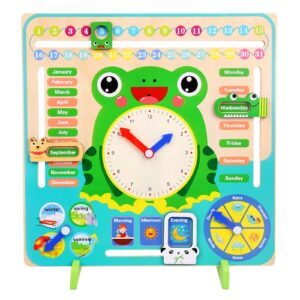 ghims montessori educational learning toys, kids calendar, toddler calendar learning for home, multifunctional wooden frog teaching clock, weather, season, time, week toys for kids 3+