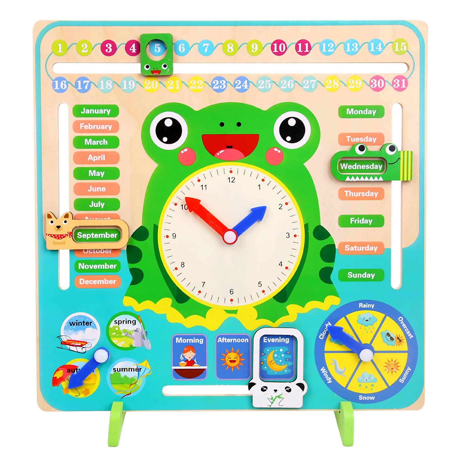 Ghims Montessori Educational Learning Toys, Kids Calendar, Toddler Calendar Learning for Home, Multifunctional Wooden Frog Teaching Clock, Weather, Season, Time, Week Toys for Kids 3+