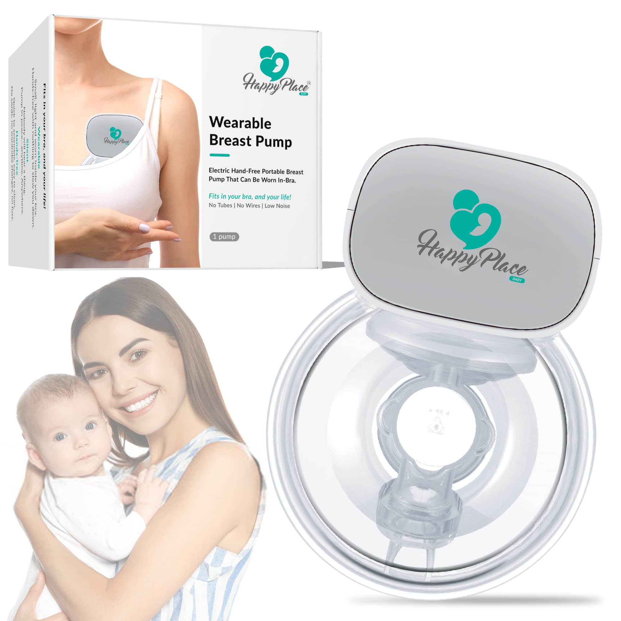 HappyPlace Baby Wearable Breast Pump - 1 Pack, 24 mm Flange, Strong Suction S9 Pain Free Model, 110 Mins Quiet Use Time Clear