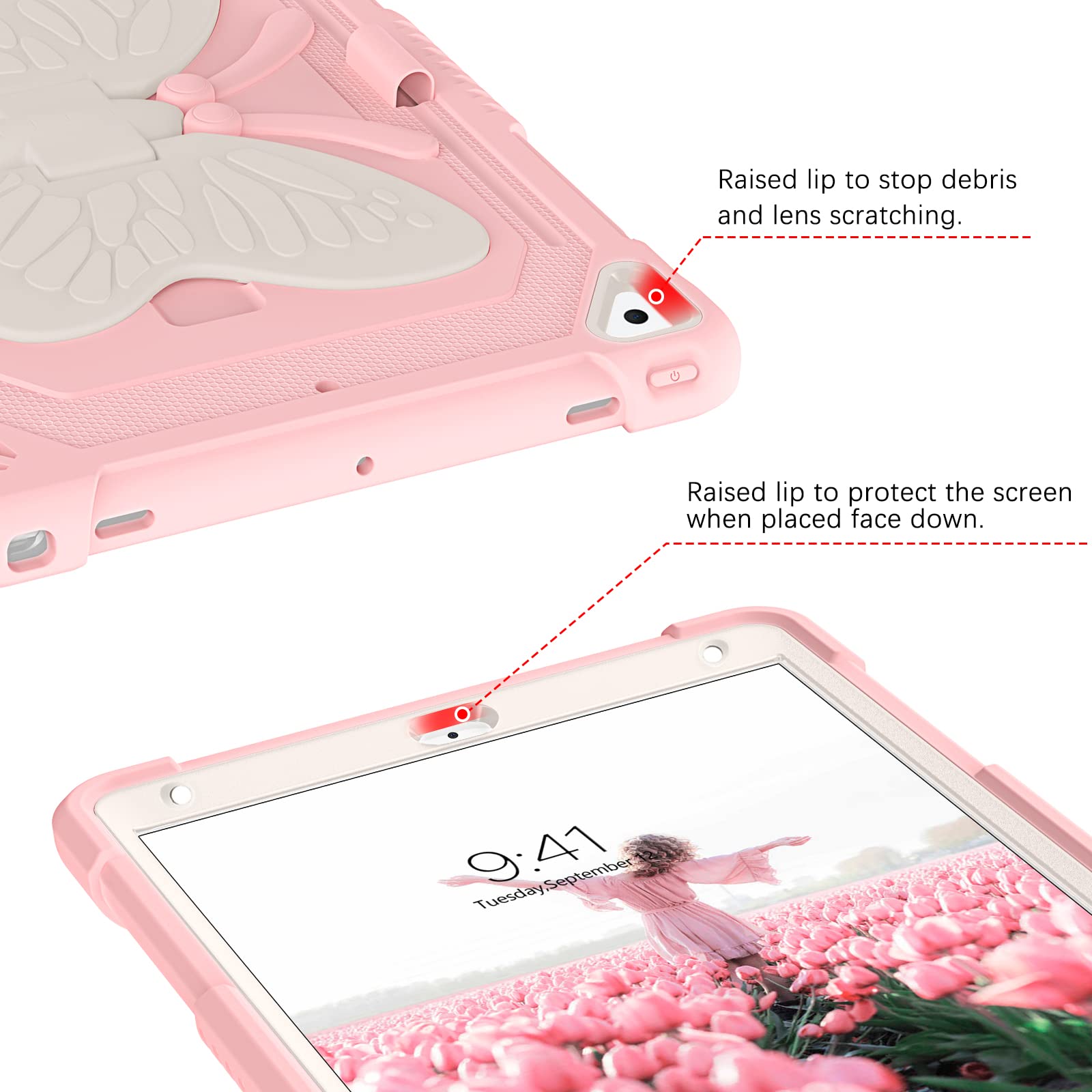 YINLAI for iPad 6th Generation Cases,iPad 9.7 Inch 6th/5th Generation 2018/2017/iPad Air 2nd Gen/iPad Pro 9.7 Case with Pencil Holder Butterfly Kickstand Girls Kids Shockproof Protective Cover,Pink