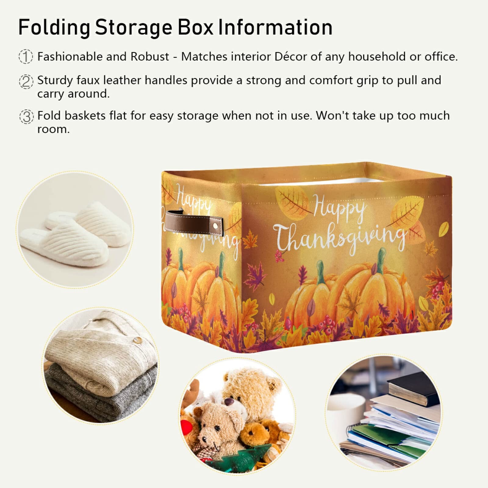 FZDXZJJ Thanksgiving Pumpkin Fall Maple Storage Basket Bins, Autumn Leaves Decorative Baskets Storage Box Collapsible Storage Cubes Organizer with Handles for Nursery Shelf Closet Office Home Bedroom, 2 Pack