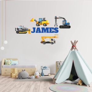 ZIHENG custom name Cute cartoon bulldozer tractor engineering construction Wall Decal Art Vinyl Stickers Kids Room boys bedroom nursery Nature Decor Personalized Name Wall Decals