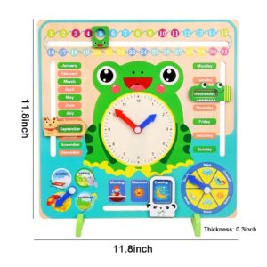 Ghims Montessori Educational Learning Toys, Kids Calendar, Toddler Calendar Learning for Home, Multifunctional Wooden Frog Teaching Clock, Weather, Season, Time, Week Toys for Kids 3+