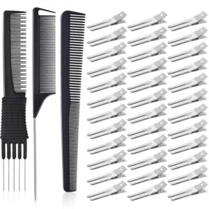 50pcs metal hair styling clips, ikoco hairdressing double prong hair clips with 3 parting comb for braids, 50 sliver alligator clips for hair rollers styling and coloring