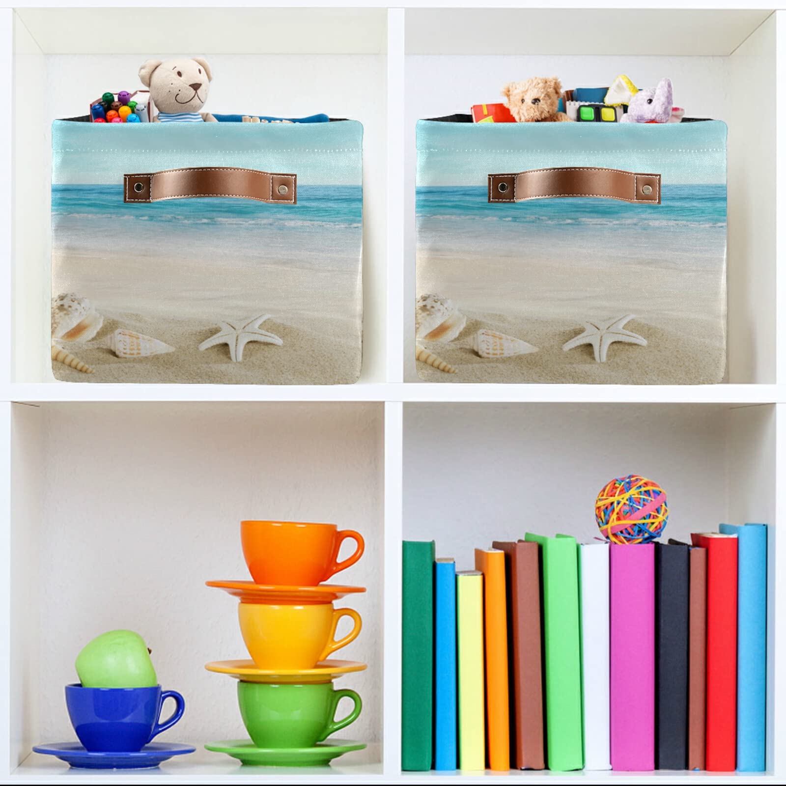 FZDXZJJ Beach Starfish Storage Basket Bins, Ocean Seashell Decorative Baskets Storage Box Collapsible Storage Cubes Organizer with Handles for Nursery Shelf Closet Office Home Bedroom, 2 Pack