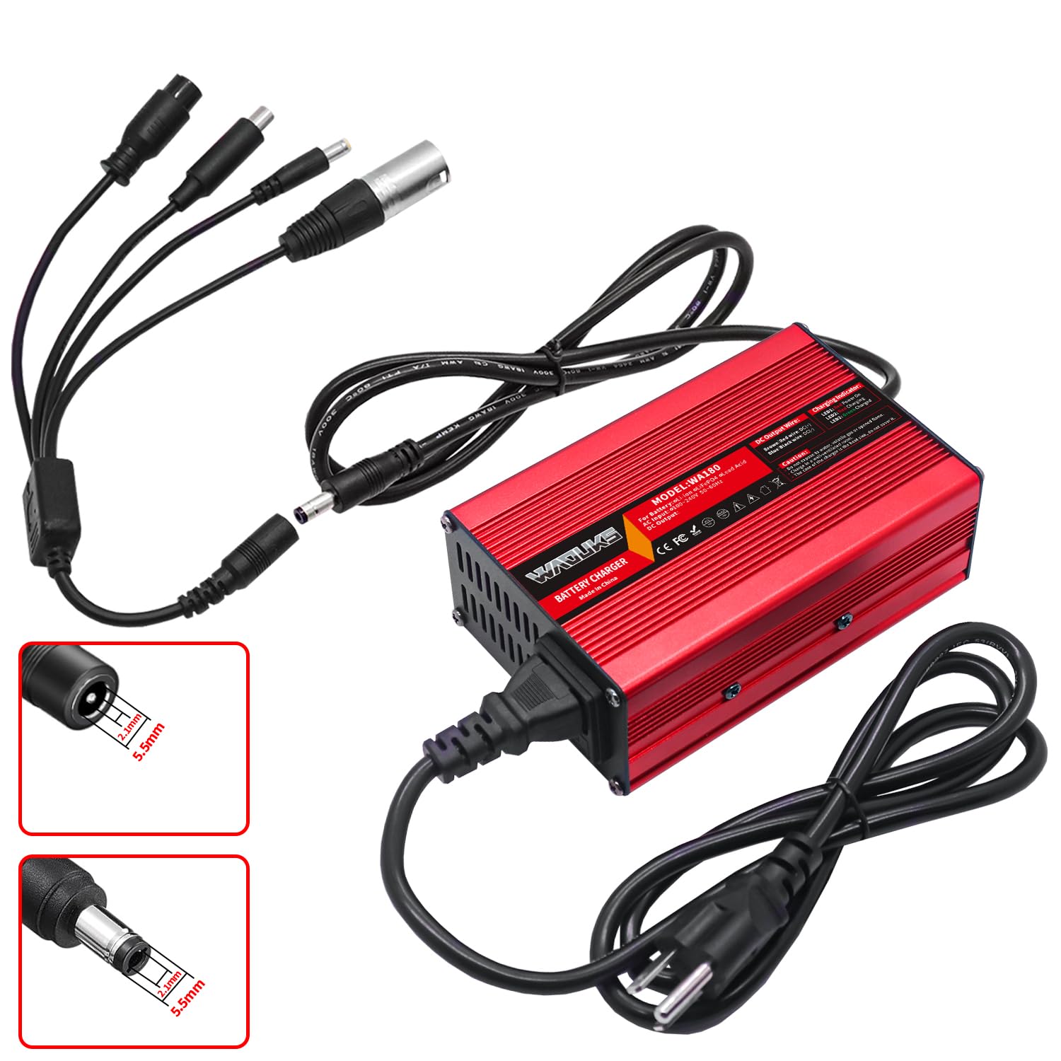 WAOUKS 54.6V 3A Li-ion Battery Charger Red Aluminum Case with Cooling Fan for 13S 48V 10Ah 15Ah 20Ah 30Ah 40Ah Lithium Li-ion Battery Pack with 5 Plugs Plug Connector