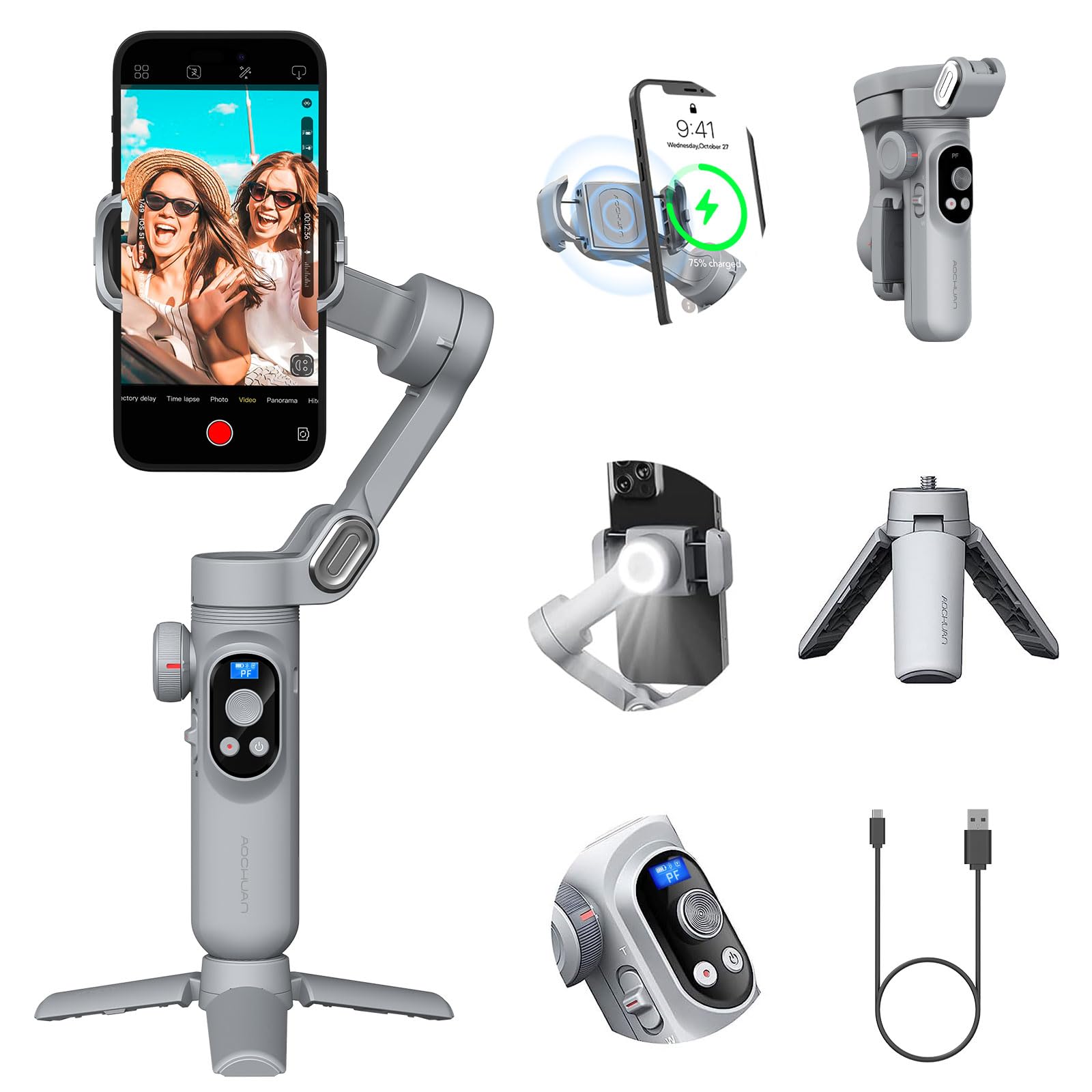 Professional Gimbal Stabilizer for Smartphone w/Wireless Charging OLED Display LED Light Focus Wheel, 3-Axis Phone Gimbal Stabilizer for iPhone 15 14 13 12 Pro/Max/Xs Galaxy S23-AOCHUAN Smart X Pro