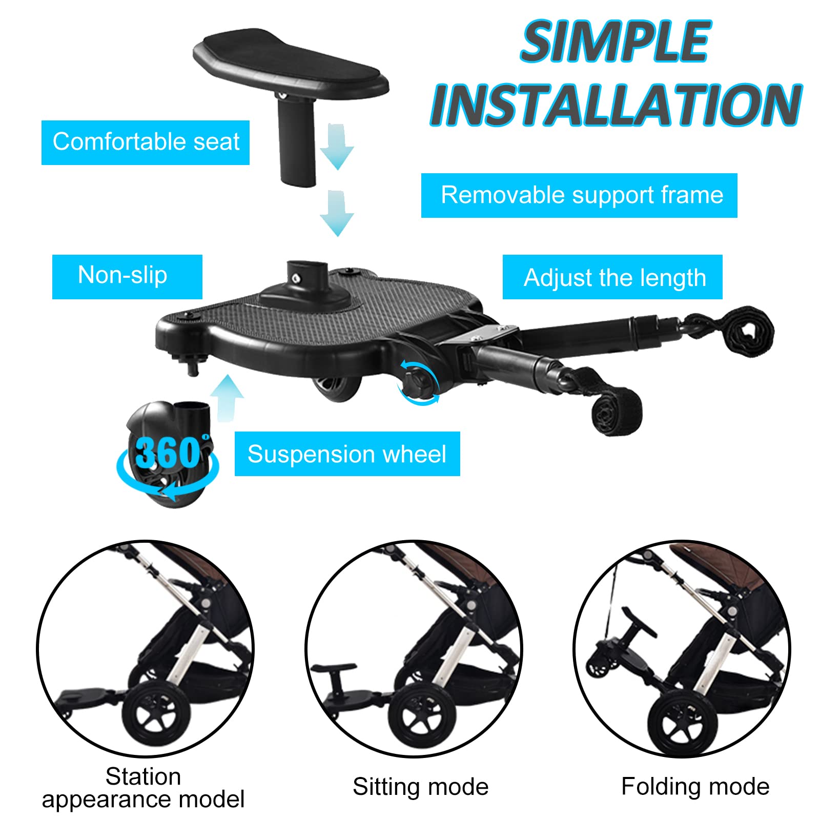 2023 New-Universal Stroller Board with Detachable Seat - 2in1 Sit and Stand Stroller Glider Board with Standing Platform for Most Strollers, Holds Children Up to 55Lbs (Black)