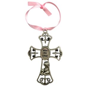 silver tone bless this child guardian angel hanging crib medal, cross with pink ribbon and girl kneeling to pray, mini catholic medals baptism gifts for girls, 3.5 inches